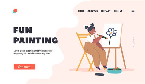 재미있는 그림 방문 페이지 템플릿입니다 어린 아이가 이젤에 그림을 그립니다 아티스트 스튜디오 또는 학교에서 그리는 흑인 소녀 캐릭터 회화에 대한 스톡 벡터 아트 및 기타