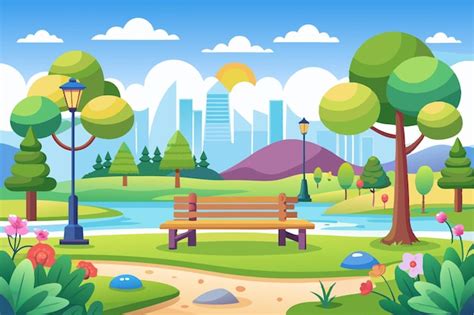 벤치 와 도시 지평선 을 가진 조용 한 공원 장면 프리미엄 Ai 생성 벡터