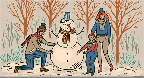 가족은 크리스마스에 눈사람을 만듭니다 겨울 눈 덮인 숲에있는 엄마 아빠 아기 아늑한 분위기 따뜻한 스웨터를 입은 사람들 손으로 그린 스케치 빈티지 새겨진 일러스트 레이 션