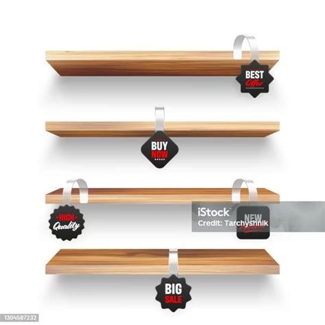 흰색 배경에 고립 된 나무 상점 선반과 슈퍼마켓 홍보 Wobblers 광고 흔들림이 있는 제품 선반 식료품 벽 랙 판매 또는 할인 가격 태그 벡터 일러스트레이션 0명에 대한