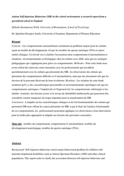 Pdf Autism Self Injurious Behaviour Sib In The School Environment A Research Report From A