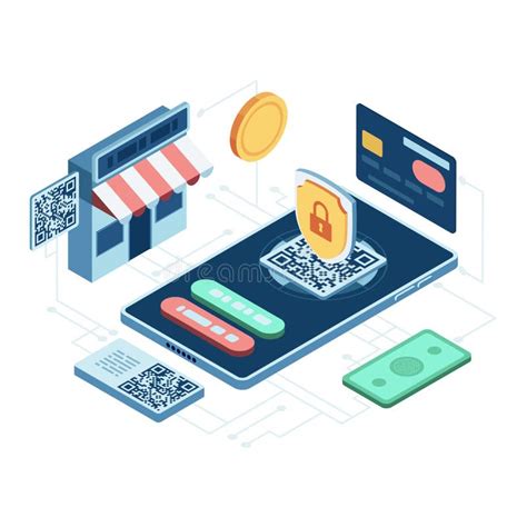 isometric secure payment methods on smartphone with qr code stock