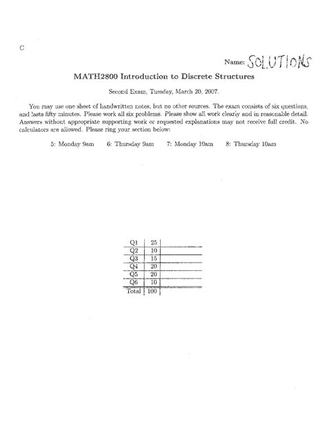 Second Exam With Solutions Introduction To Discrete Structures Math