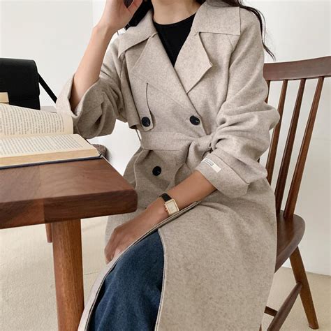 옷자락 여자 가을겨울 롤업 투버튼 핸드메이드 모직 롱코트