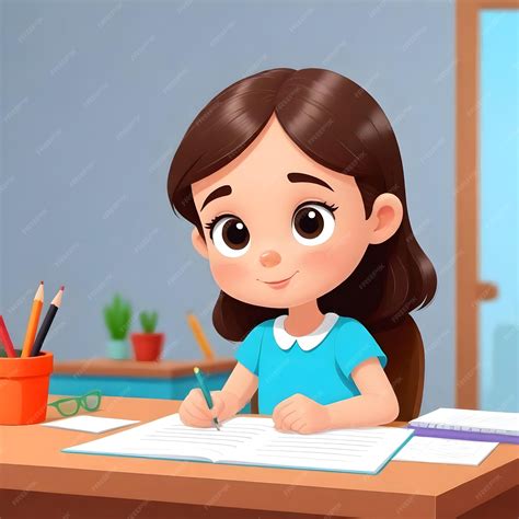 Clip Art De Una Niña Estudiando En Un Escritorio Foto Premium