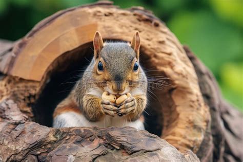 Squirrel With Cheeks Full Of Cashews Inside Hollow Log Stock Image
