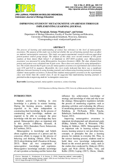 Pdf Improving Students Metacognitive Awareness Through Implementing Learning Journal