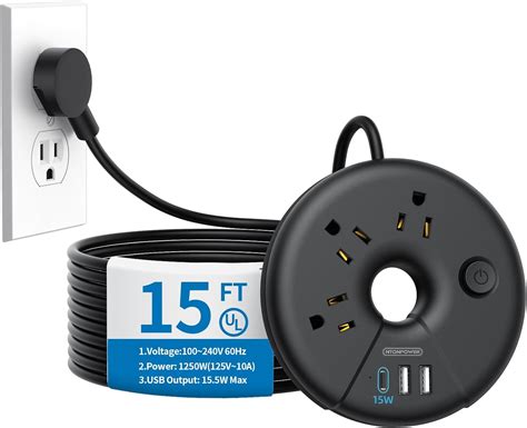 Extra Long Extension Cord 15 Ft Ntonpower Flat Plug Power Strip With 3 Outlets 3