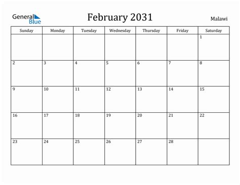 February 2031 Monthly Calendars With Malawi Holidays