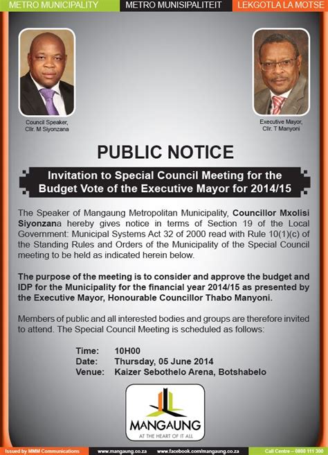Notice Budget Vote Mangaung Metropolitan Municipality