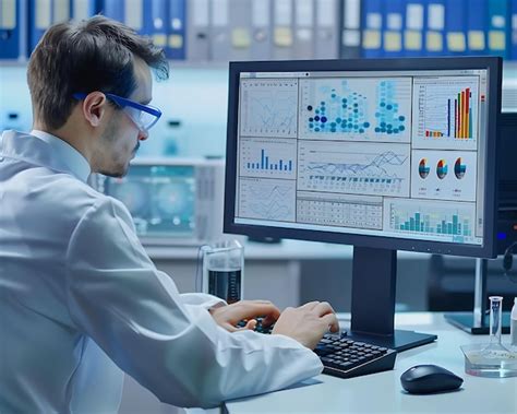 Scientist Analyzing Data On A Computer Screen With Graphs And Charts