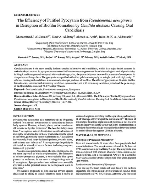 Pdf The Efficiency Of Purified Pyocyanin From Pseudomonas Aeruginosa In Disruption Of Biofilm