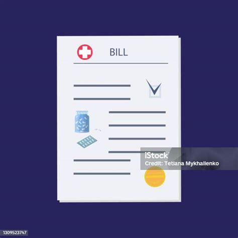 의료 비 송장 또는 가격 표 약국 지불 약물 목록 물집 팩 체크 마크 영수증 과 동전 의료 종이 문서 가격 표 의사의 처방 정제 캡슐 및 알 약 가격에 대한 스톡 벡터 아트