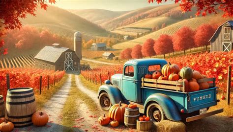 A Vintage Blue Truck Overflowing With Pumpkins In A Scenic Autumn