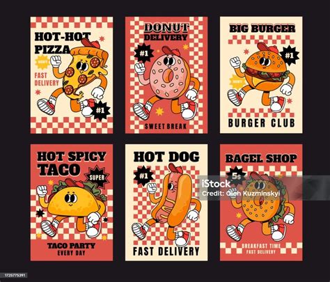 만화 패스트 푸드 포스터입니다 마스코트 음식 캐릭터가 있는 복고풍 카드 카페에 대한 인용문과 브로셔 디자인 펑키한 피자 그루비한 도넛 버거 벡터 세트가 있는 배너 피자에