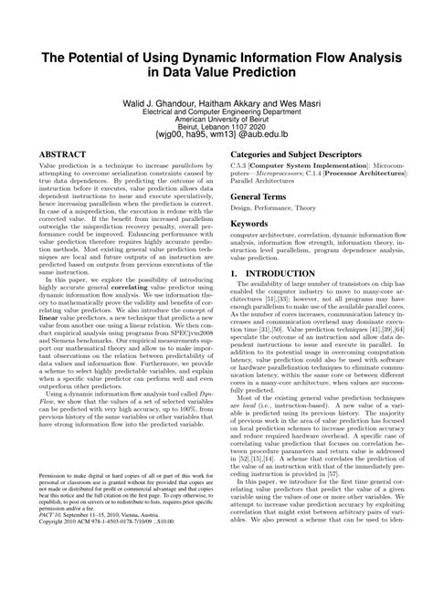 PDF The Potential Of Using Dynamic Information Flow Analysis In Data Value Prediction