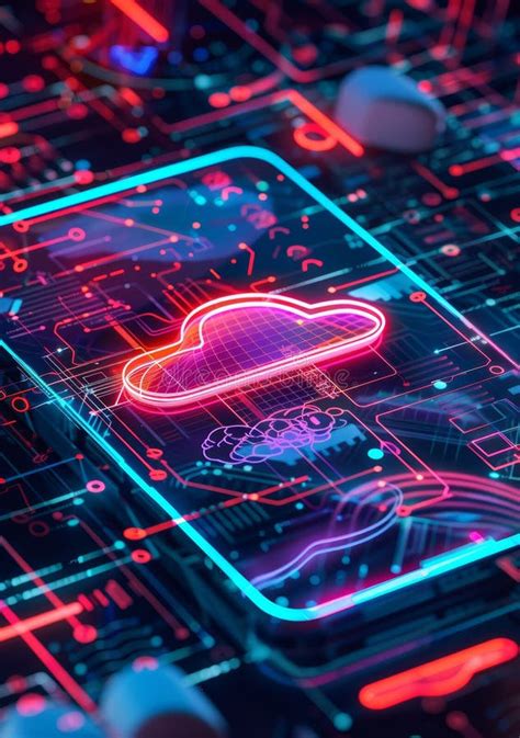 Futuristic Cloud Computing Concept With Neon Lights On Digital Circuit Board Background Stock