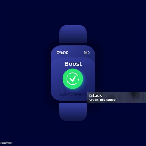 부스트 완료 된 스마트 워치 인터페이스 벡터 템플릿 모바일 앱 알림 야간 모드 디자인 화면에 성공적인 메모리 청소 통지 응용 프로그램에 대한 플랫 Ui입니다 스마트 시계