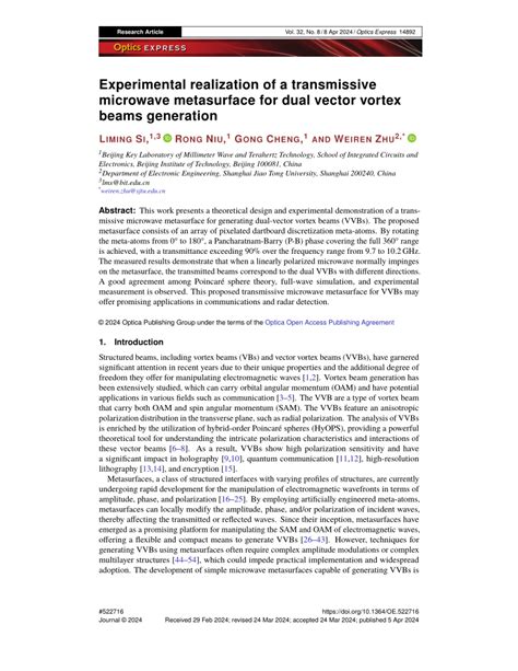 Pdf Experimental Realization Of A Transmissive Microwave Metasurface
