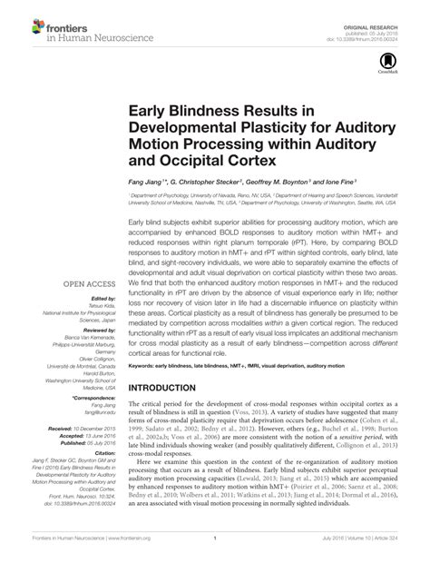 Pdf Early Blindness Results In Developmental Plasticity For Auditory Motion Processing Within