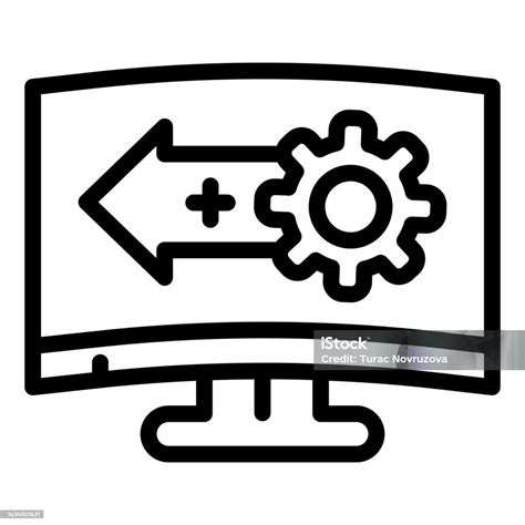 시스템 업그레이드 라인 아이콘입니다 소프트웨어 업데이트 모니터 기호에 화살표가 있는 기어 흰색 배경에 윤곽선 스타일 픽토그램 기술 기호 모바일 개념 웹 디자인입니다 벡터