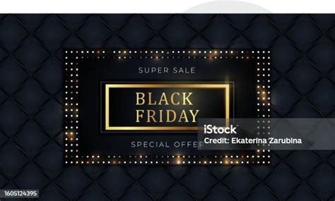 블랙 프라이데이 슈퍼 세일 배너 포스터 헤더 웹사이트 반짝이와 조명이 있는 프레임에 황금색 텍스트 글자가 있는 고급스러운 어두운 배경 Led 조명에 대한 스톡 벡터 아트 및