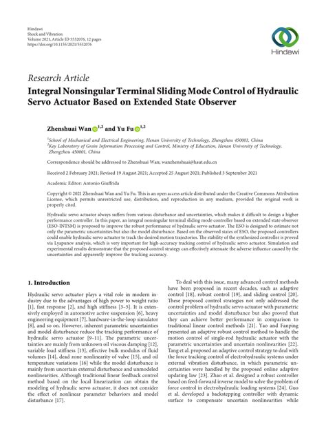 PDF Integral Nonsingular Terminal Sliding Mode Control Of Hydraulic Servo Actuator Based On