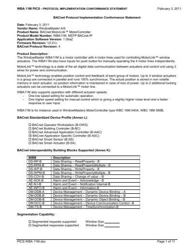 Protocol Implementation Conformance Statement Windowmaster