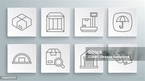 라인 창고 카톤 골판지 상자 검색 패키지 스케일 배달 우산 및 아이콘을 설정합니다 벡터 감시에 대한 스톡 벡터 아트 및 기타 이미지 Istock