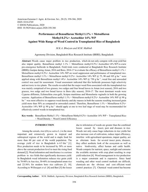 Pdf Performance Of Bensulfuron Methyl 11 Metsulfuron Methyl 02