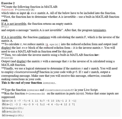 Solved Exercise 2 Creating The Inverse Matrix Function In Matlab