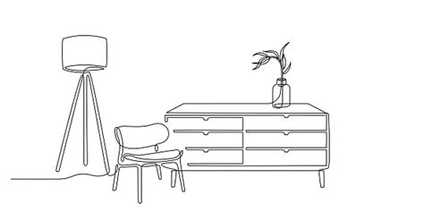 가구 편집 가능한 획이 있는 거실의 연속적인 한 선 그리기 안락의자 플로어 램프 식물 선형 스타일의 서랍장이 있는 한 줄의