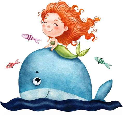 پری دریایی کوچک زیبا با موهای صورتی رنگ شده با آبرنگ در زمینه سفید 1592907