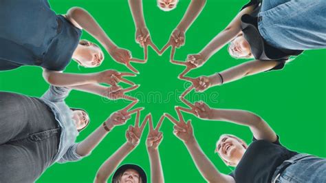 Girlfriends Girls Make Circle Shapes From Their Fingers And Hands And Then Connect Them Stock