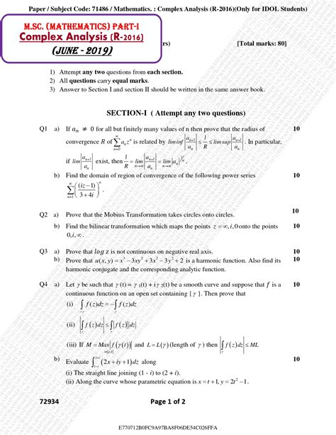 University Of Mumbai M Sc Mathematics Part I Complex Analysis R Old Question Papers