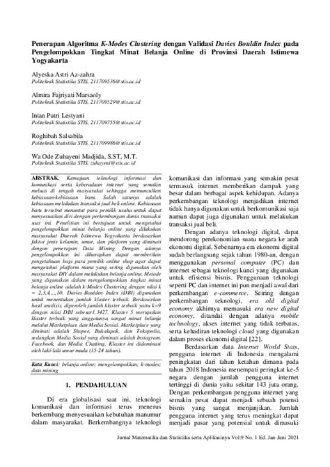 Pdf Penerapan Algoritma K Modes Clustering Dengan Validasi Davies Bouldin Index Pada
