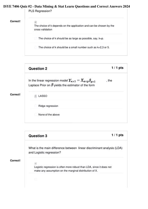 Isye 7406 Quiz 2 Data Mining And Stat Learn Questions And Correct Answers 2024 Isye 7406