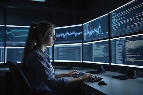 Medium Shot Of Woman Working As A Developer Surrounded By Big Screens Displaying Premium Ai