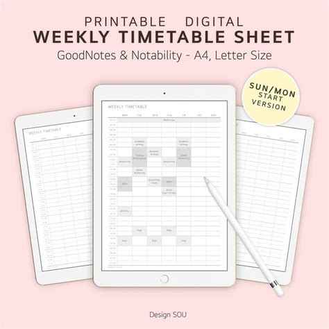 Weekly Timetable Sheet Printable Planner Insert Digital A4 Letter