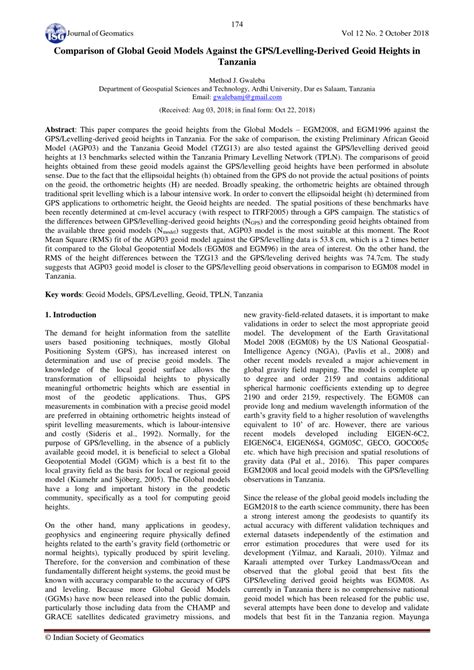 Pdf Comparison Of Global Geoid Models Against The Gpslevelling Derived Geoid Heights In Tanzania