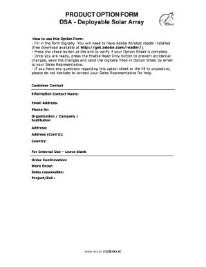 Fillable Online PRODUCT OPTION FORM DSA Deployable Solar Array Fax Email Print PdfFiller