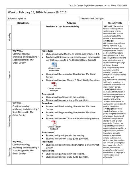 Great Gatsby Lesson Plan English Iii February 2016
