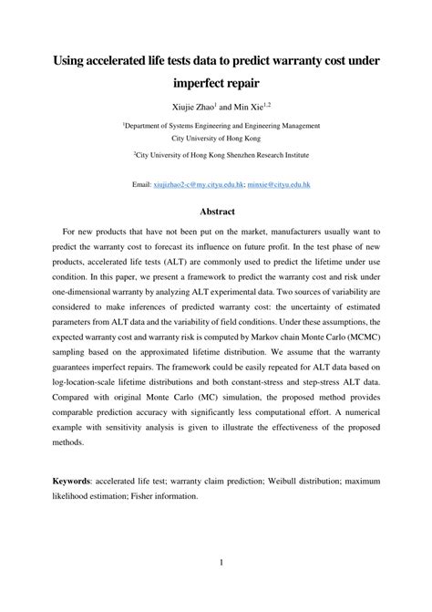 Pdf Using Accelerated Life Tests Data To Predict Warranty Cost Under