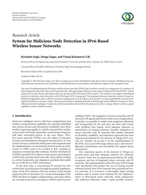 Pdf System For Malicious Node Detection In Ipv6 Based Wireless Sensor