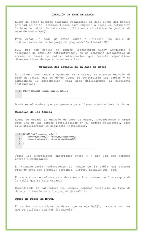 Creación De Base De Datos CreaciÓn De Base De Datos Luego De Crear Nuestro Diagrama Relacional