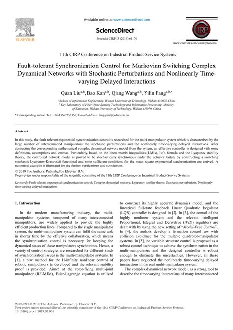 Pdf Fault Tolerant Synchronization Control For Markovian Switching Complex Dynamical Networks