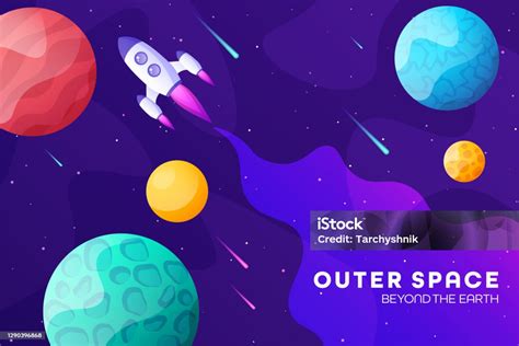 로켓과 공간 미래 현대 다채로운 배경 우주선 밤 하늘에서 우주선 태양계 은하계 우주 탐사 벡터 일러스트레이션 가득 찬에 대한 스톡 벡터 아트 및 기타 이미지 Istock