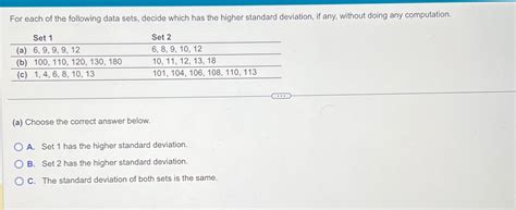 solved for each of the following data sets decide which has