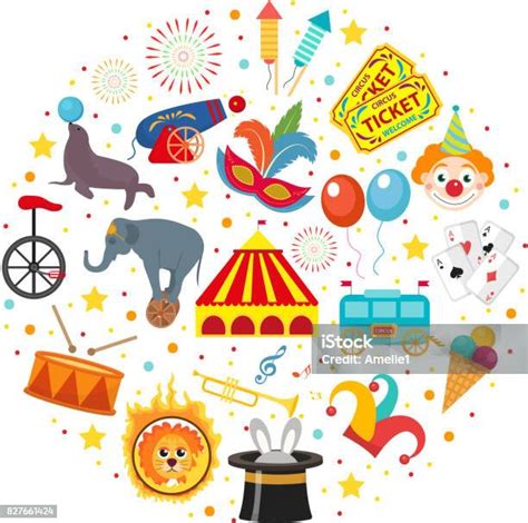 서커스 아이콘 원형 평면 만화 스타일에서에서 설정합니다 코끼리 사자 요소의 컬렉션 Sealion 총 광대 티켓 흰색 배경에 고립 벡터 일러스트 클립 아트입니다 0명에 대한