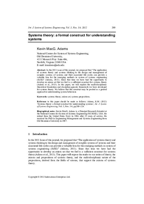 Pdf Systems Theory A Formal Construct For Understanding Systems